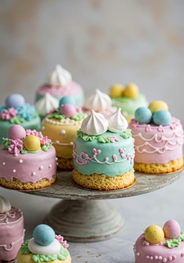 Pastel Mini Cakes with Meringues and Candy Eggs Stock Illustration ...