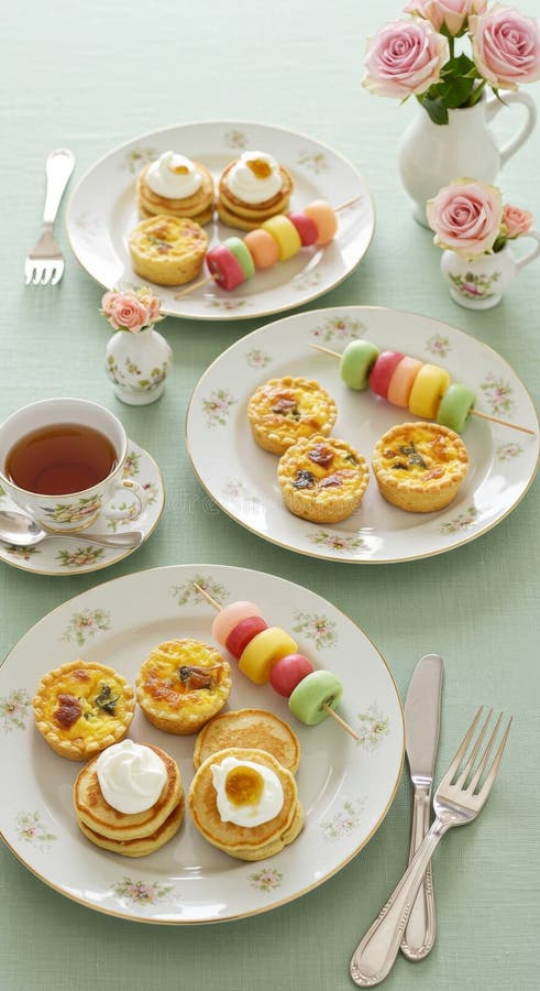 Pastel Mini Tarts and Cakes with Tea Setting Stock Illustration ...