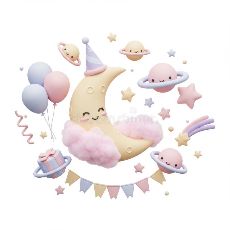 Pastel Moon and Planets Party Scene Stock Illustration - Illustration ...