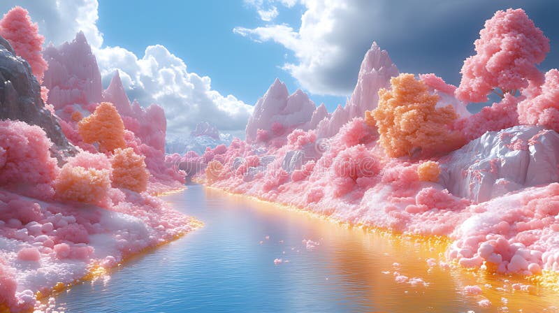 Pastel Mountainscape River Fantasy Scene, Digital Art Stock ...