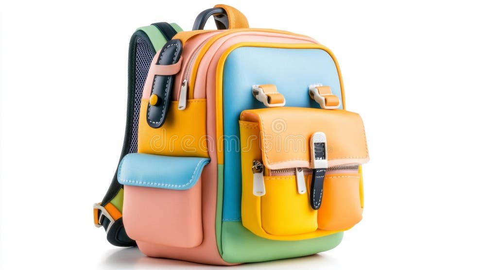 Pastel Multi-Colored Backpack with Unique Pockets and Straps Isolated ...