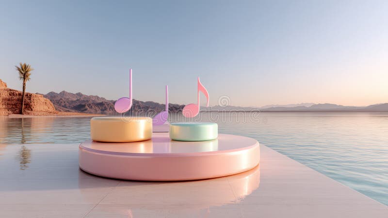 Pastel Musical Notes and Circles on a Reflective Platform at Sunset ...