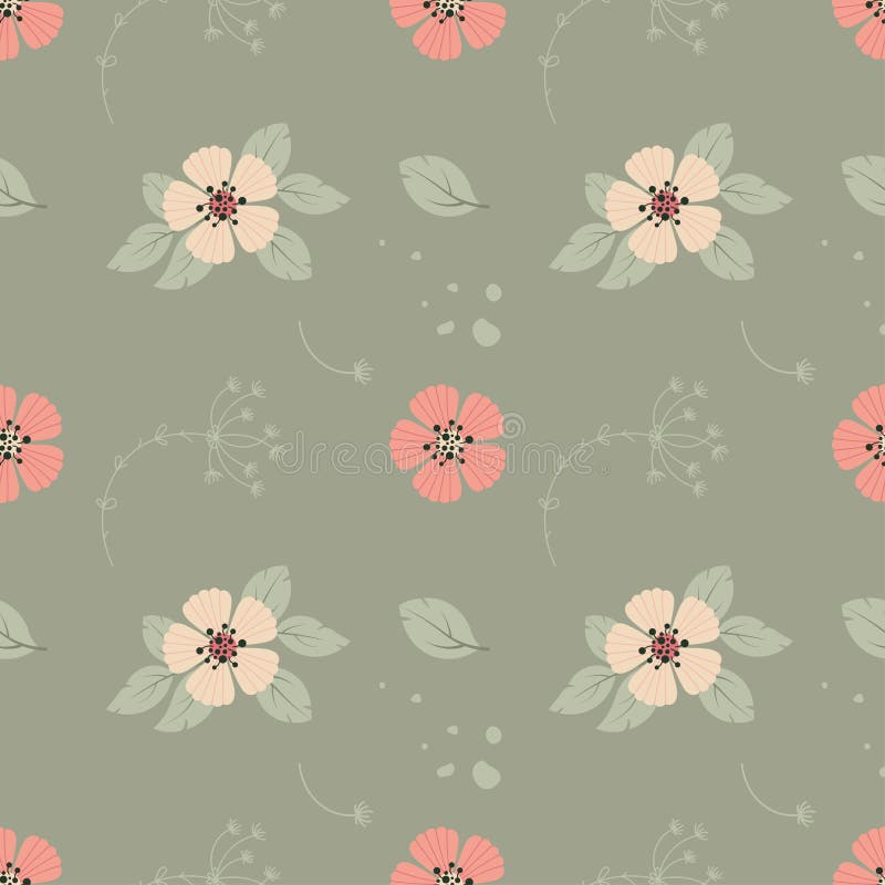 Pastel Olive Floral Seamless Pattern with Blossom Spring Flowers ...
