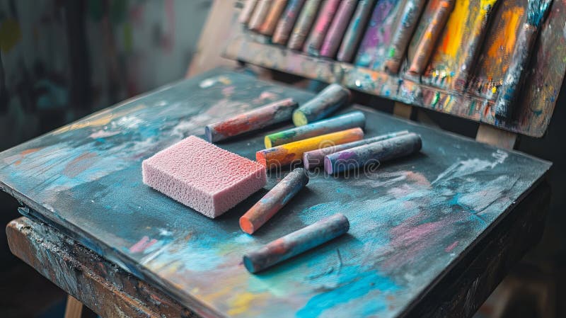 A Pastel Painting Setup with Chalks, a Blending Sponge, and a Drawing ...