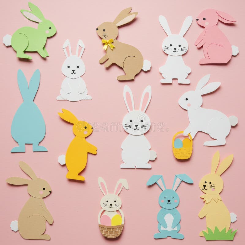 Pastel Paper Cutout Rabbits on Pink Background Stock Illustration ...