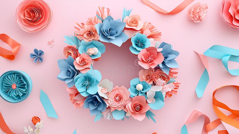 Pastel Paper Flower Wreath with Ribbons Stock Illustration ...