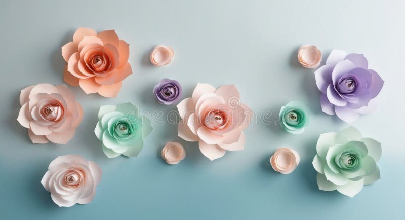 Pastel Paper Flowers Arranged Around a Blue Background. Stock ...
