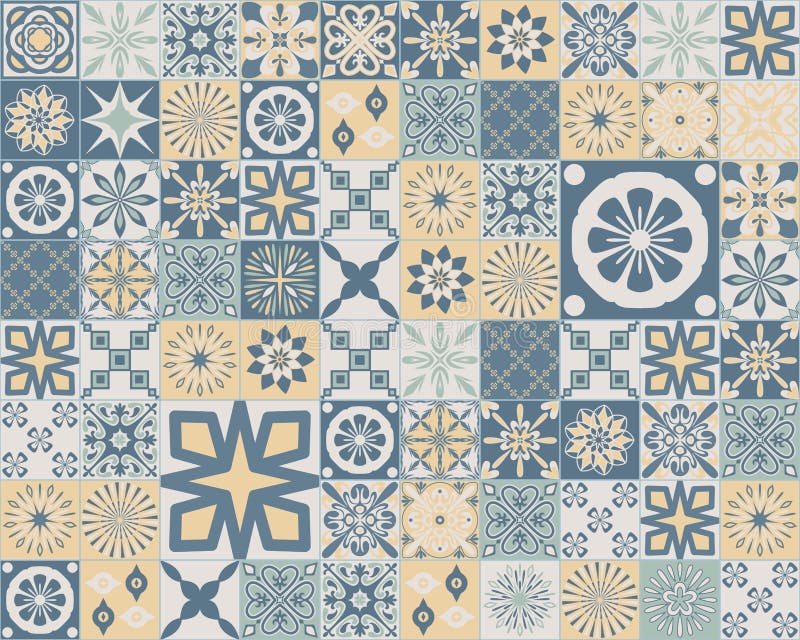 Pastel Pattern in Spanish Azulejo Style, White Blue Yellow Ceramic Tile ...