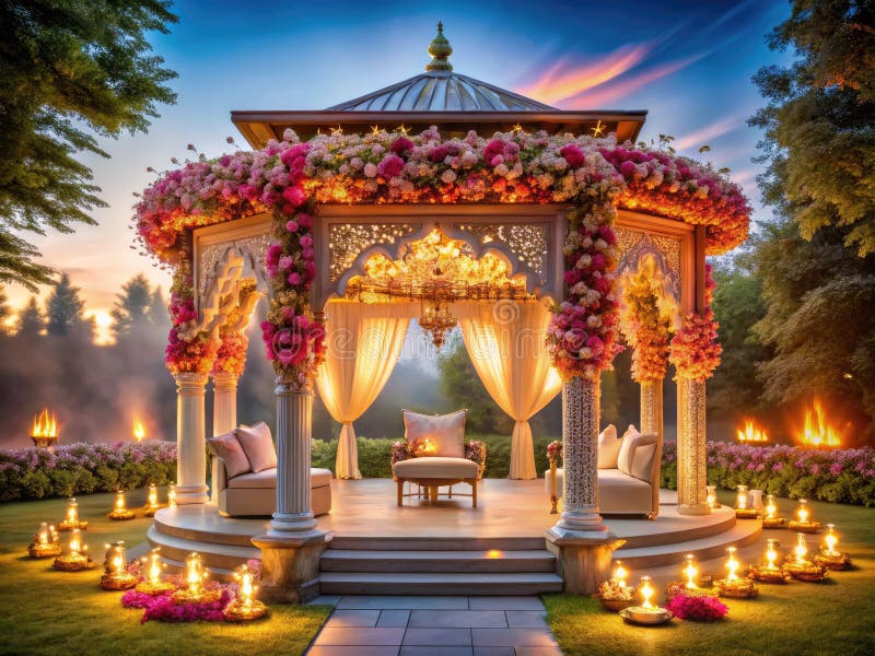 Pastel Pavilion a Serene Escape with Soft Florals and Firelight Stock Illustration ...