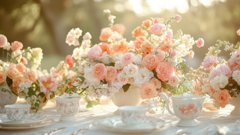 Pastel Peach and Pink Rose Floral Table Setting Stock Illustration ...