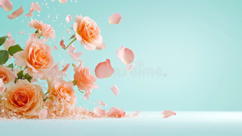 Pastel Peach Roses in Motion with Falling Petals on Aqua Background ...