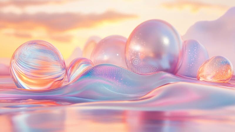 Pastel Pearlescent Spheres on a Soft Wave Background Stock Illustration ...