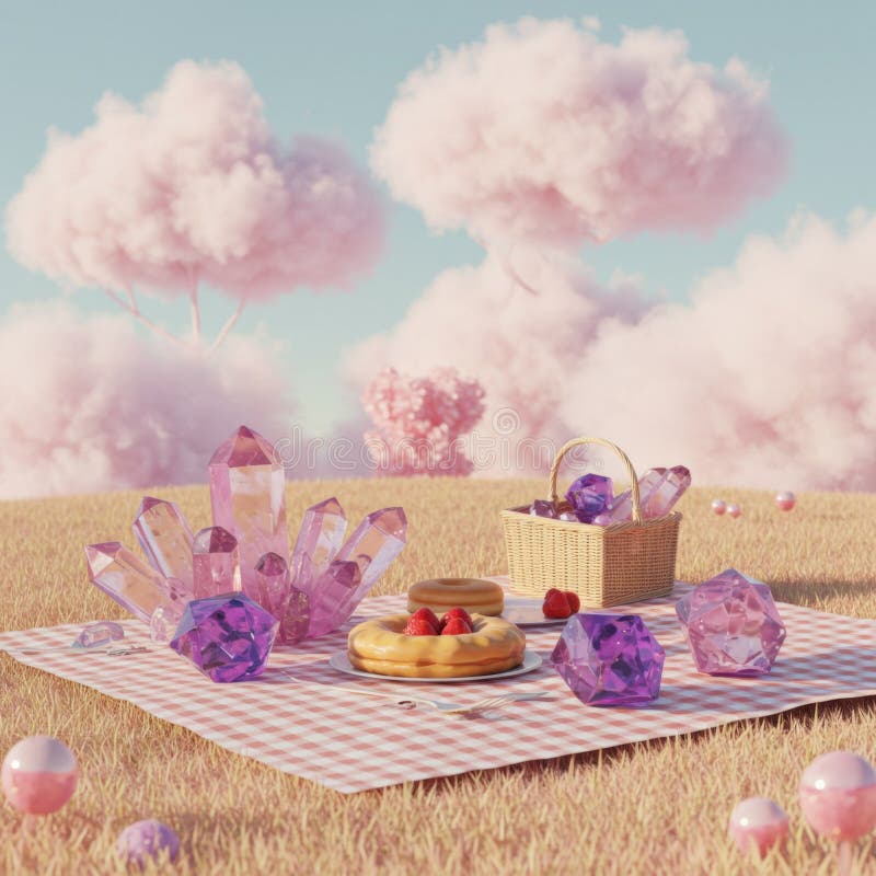 Pastel Picnic with Pink Crystals and Donuts Stock Illustration ...