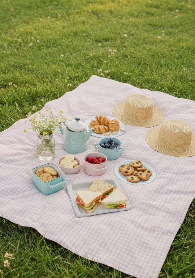 Pastel Picnic on a Pink and White Checkered Blanket Stock Illustration ...