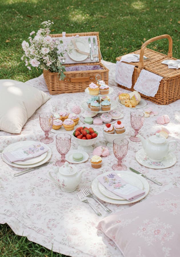 Pastel Picnic Setting on a Spring Lawn Stock Illustration ...