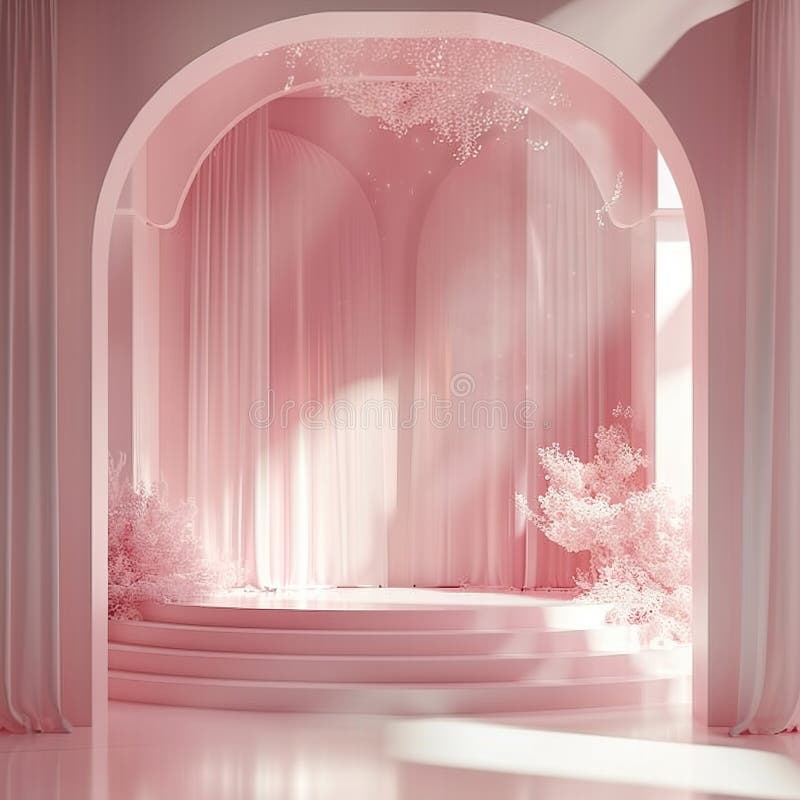 Pastel Pink Archway Interior with Stage, Curtains, and Floral Decor ...