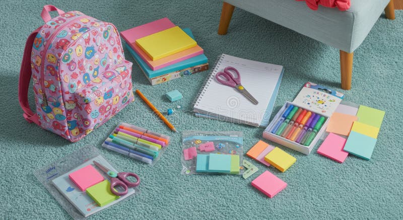 Pastel Pink Backpack and Colorful School Supplies on Carpet Stock ...