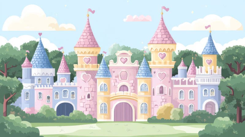 Pastel Pink and Blue Castle in a Green Forest Stock Illustration ...