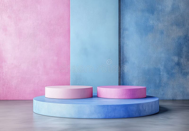 Pastel Pink and Blue Cylindrical Platforms on Textured Wall Stock ...