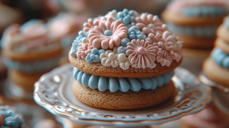 Pastel Pink and Blue Flower Decorated Cookies on a Plate Stock Image ...