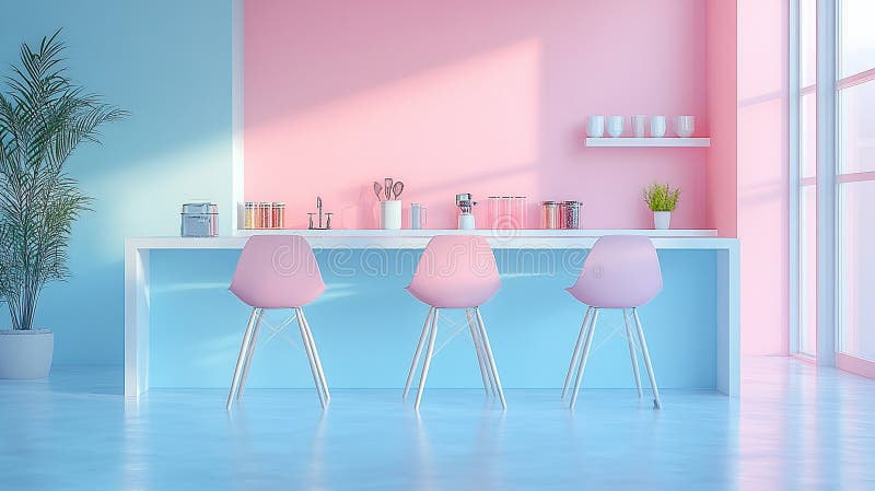 Pastel Pink and Blue Kitchen Island with Three Pink Chairs, Minimalist ...