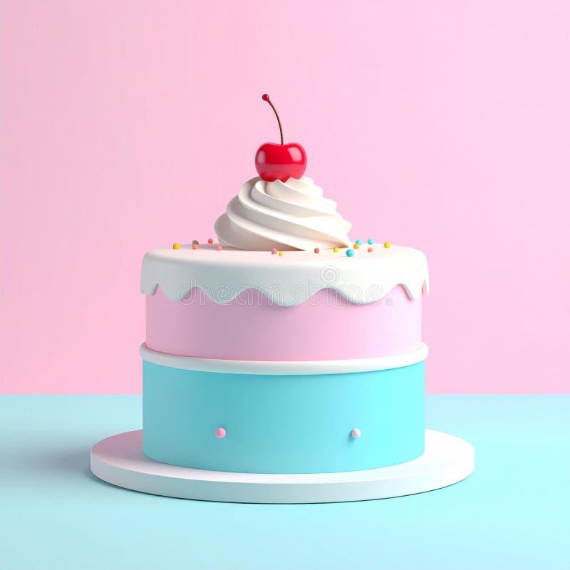 Pastel Pink and Blue Layered Cake with Cherry Stock Illustration ...