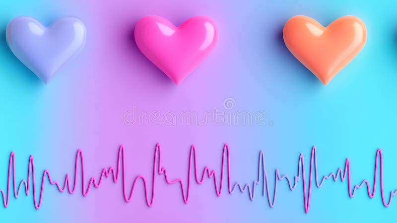 Pastel Pink Blue Orange Hearts with Pulse Line on Gradient Background ...