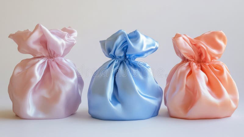 Pastel Pink Blue Peach Satin Drawstring Bags on White Background Stock ...
