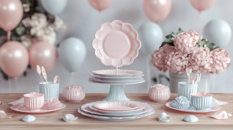 Pastel Pink and Blue Table Setting with Balloons Stock Illustration ...