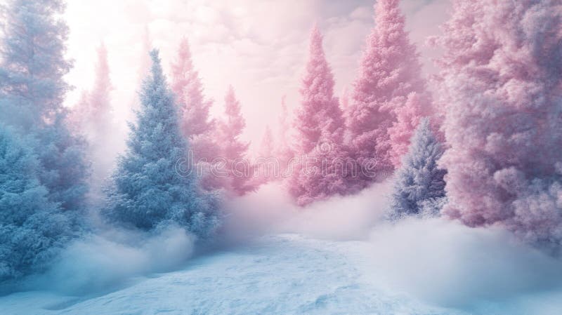 Pastel Pink and Blue Winter Forest Scene Stock Illustration ...