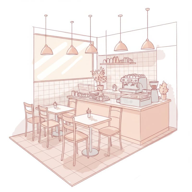 Pastel Pink Cafe Interior Sketch Stock Illustration - Illustration of ...