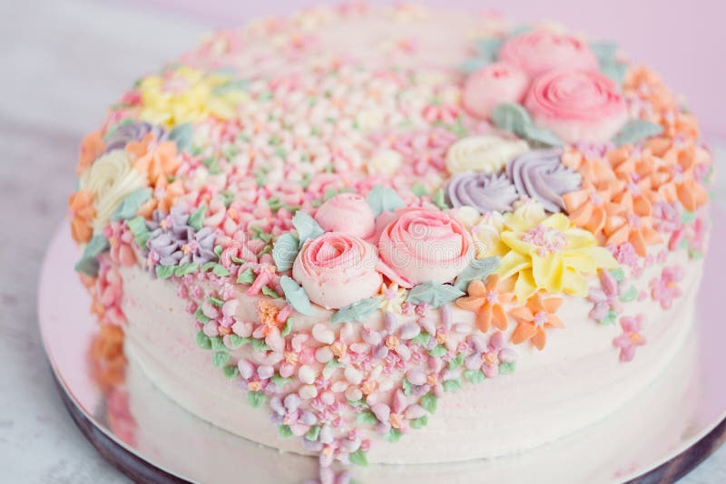Pastel Pink Cake Decorated with Cream Flowers Stock Photo - Image of ...
