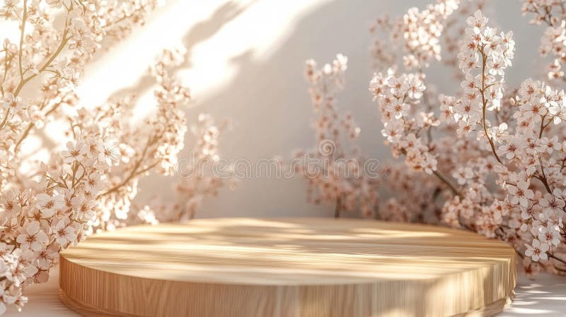 Pastel Pink Cherry Blossoms Frame Wooden Product Display Platform Stock ...