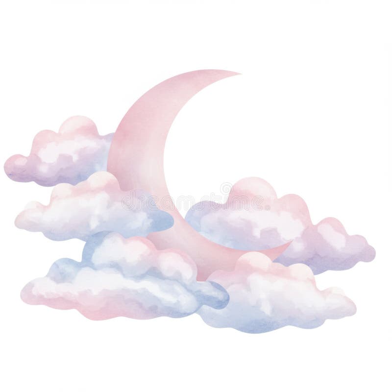 Pastel Pink Crescent Moon and Clouds Watercolor Illustration Stock ...