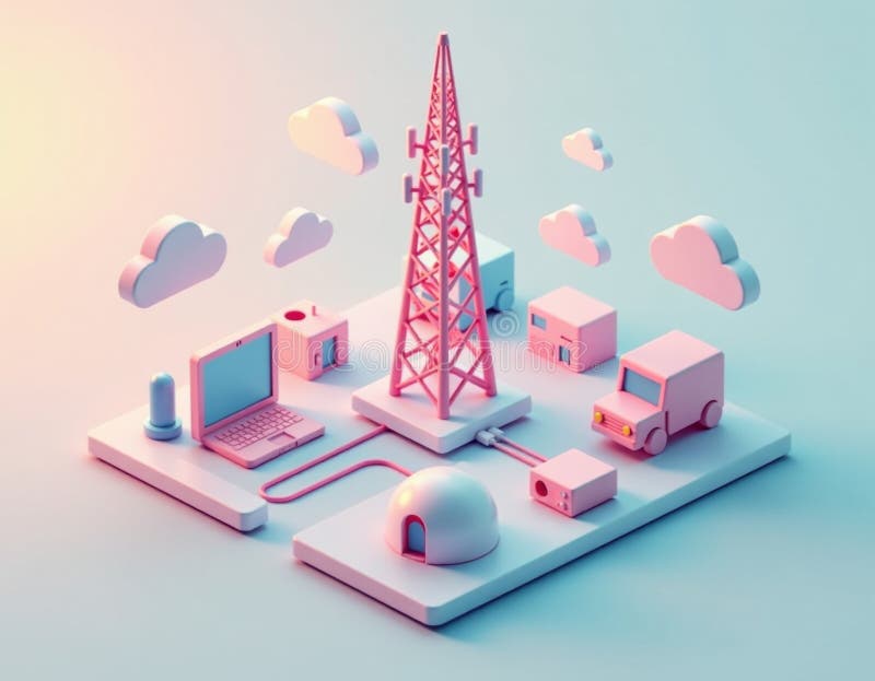 Pastel Pink 3D Render of Communication Network Laptop, Cell Tower, and ...