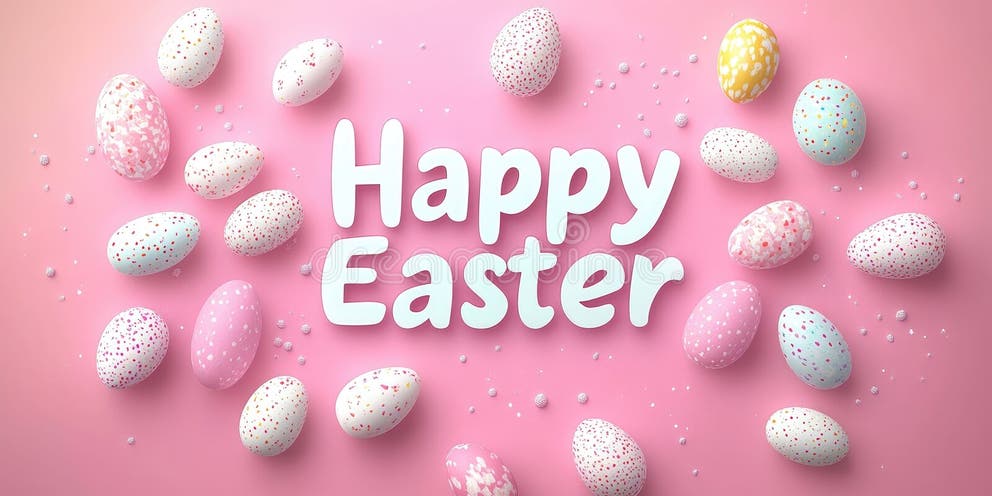 Pastel Pink Easter Background with Bold White Text and Decorated Eggs ...