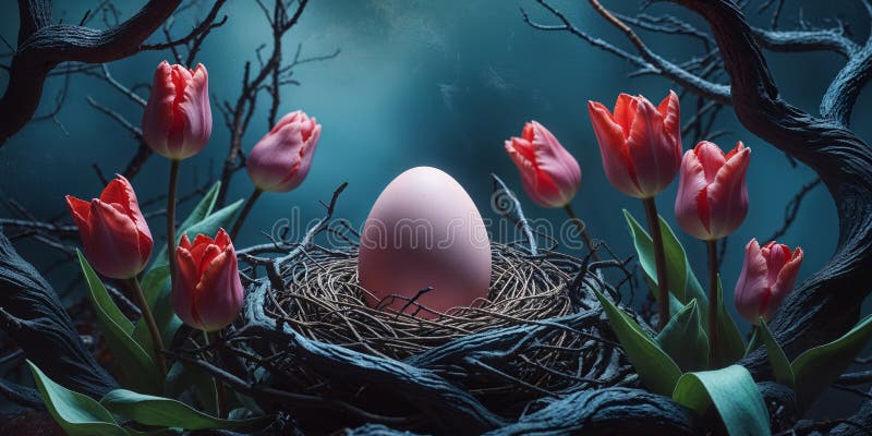 Pastel Pink Egg in Dark Nest with Red Tulips. Stock Photo - Image of ...