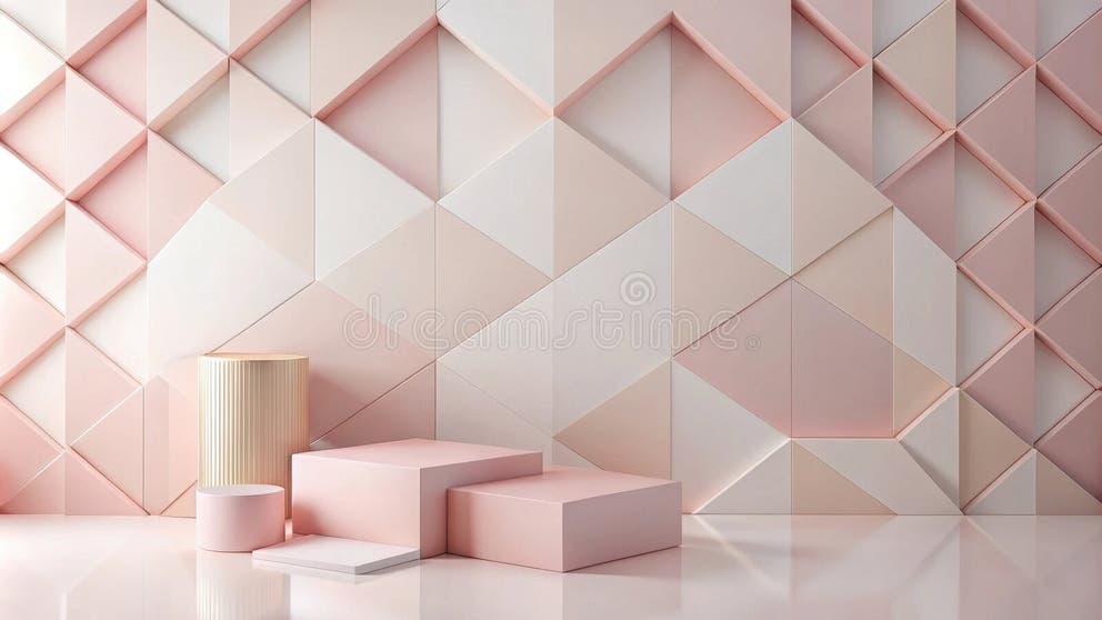 Pastel Pink Geometric Display with Cylindrical and Cubical Platforms ...