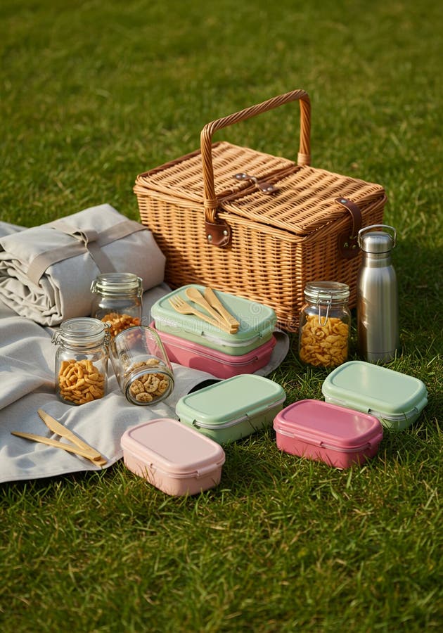 Pastel Pink and Green Picnic Lunch Outdoors on Grass Stock Illustration ...
