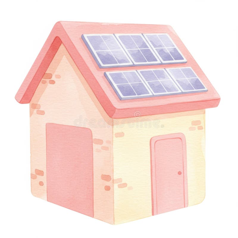 Pastel Pink House with Rooftop Solar Panels Stock Illustration ...