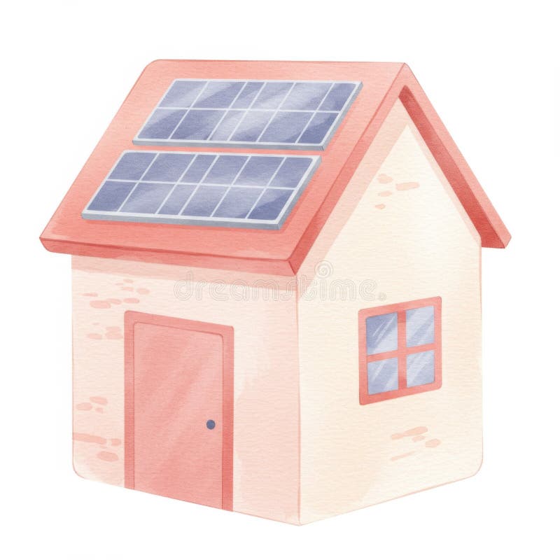 Pastel Pink House with Rooftop Solar Panels Stock Illustration ...