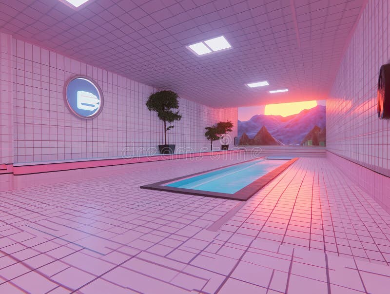 Pastel Pink Interior Pool Area with Mountain Backdrop Stock Photo ...