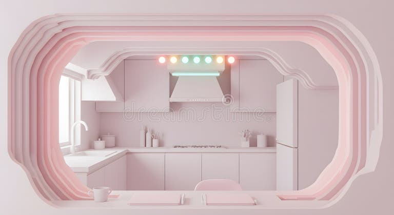 Pastel Pink Kitchen Interior Design: Dreamy Minimalist 3D Render of ...