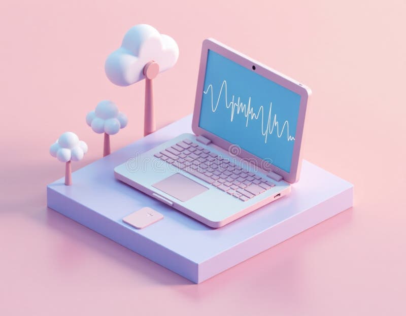 Pastel Pink Laptop with Cloud Icons on a Pink Surface Stock ...