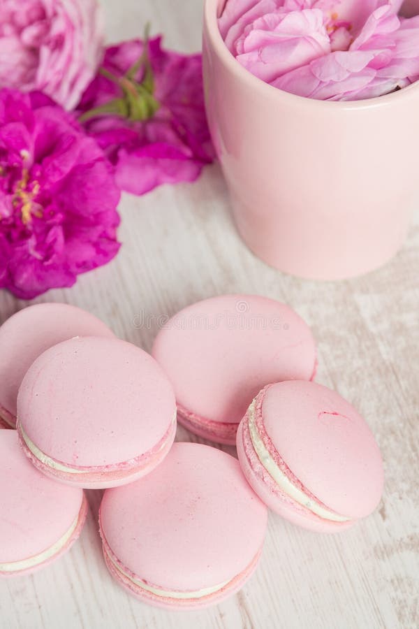Pastel Pink Macaroons with Rose Stock Photo - Image of baking, home ...