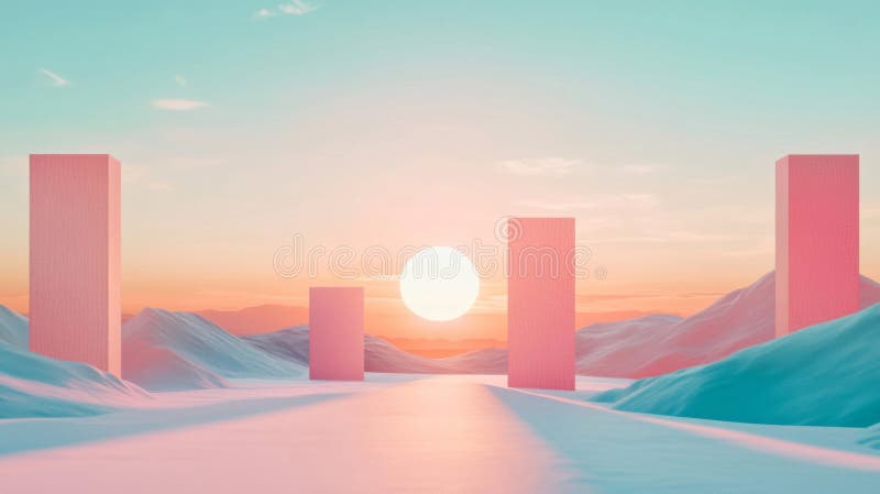 Pastel Pink Pillars in a Minimalist Sunset Landscape Stock Illustration ...