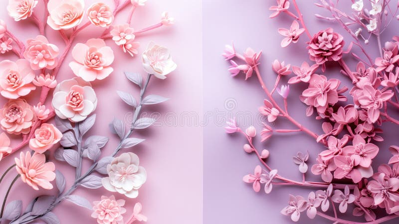 Pastel Pink and Purple Paper Flowers Arrangement on Split Background ...