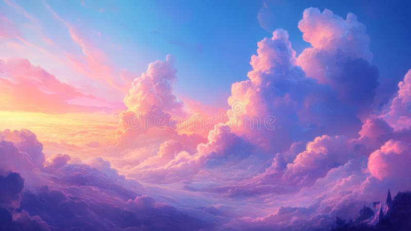 Pastel Pink Purple Sunset Sky with Fluffy Clouds Stock Illustration ...