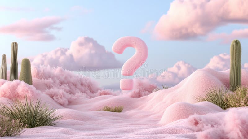 Pastel Pink Question Mark in Dreamy Desert Scene with Cacti and Clouds ...
