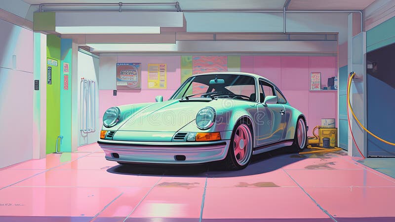 Pastel Pink Retro Garage with Mint Stylish Car Stock Illustration ...